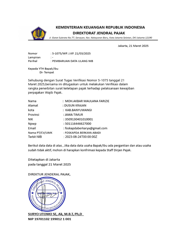 Surat Pemberitahuan Pelaporan Nib Moh - Akbar Maulana Farizie | PDF