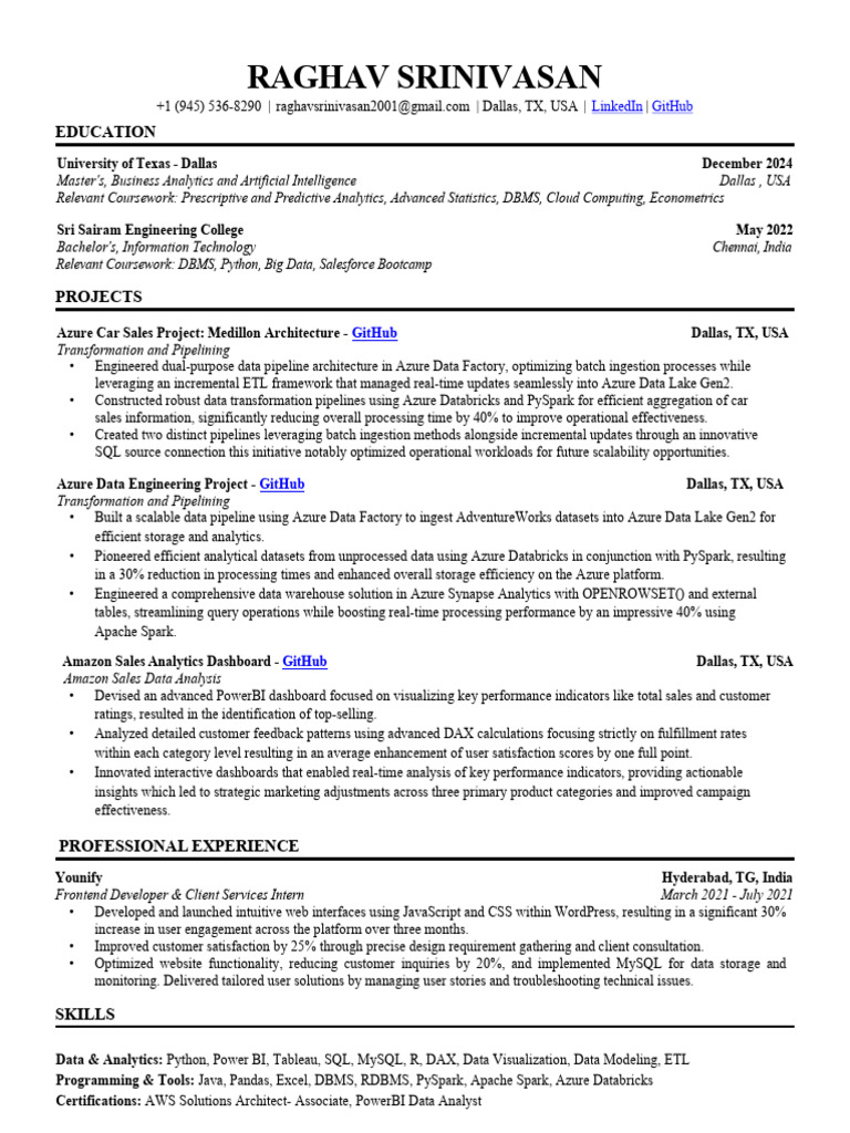Raghav Srinivasan Resume | PDF | Apache Spark | Microsoft Azure