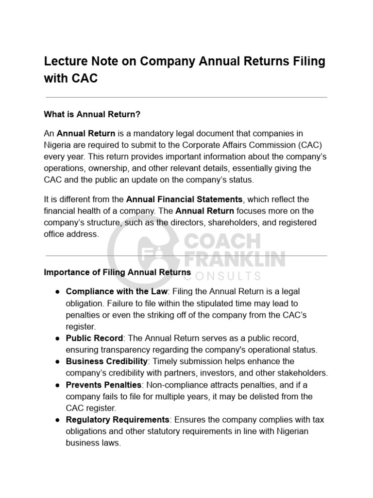 Annual Return Company Lecture Note | PDF | Regulatory Compliance ...