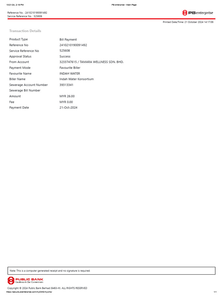 Indah Water Bill Payment Receipt | PDF