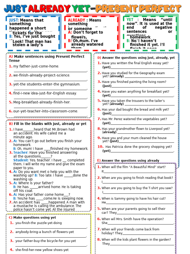Present Perfect Tense Just Already Yet Esl Printable Exercises ...