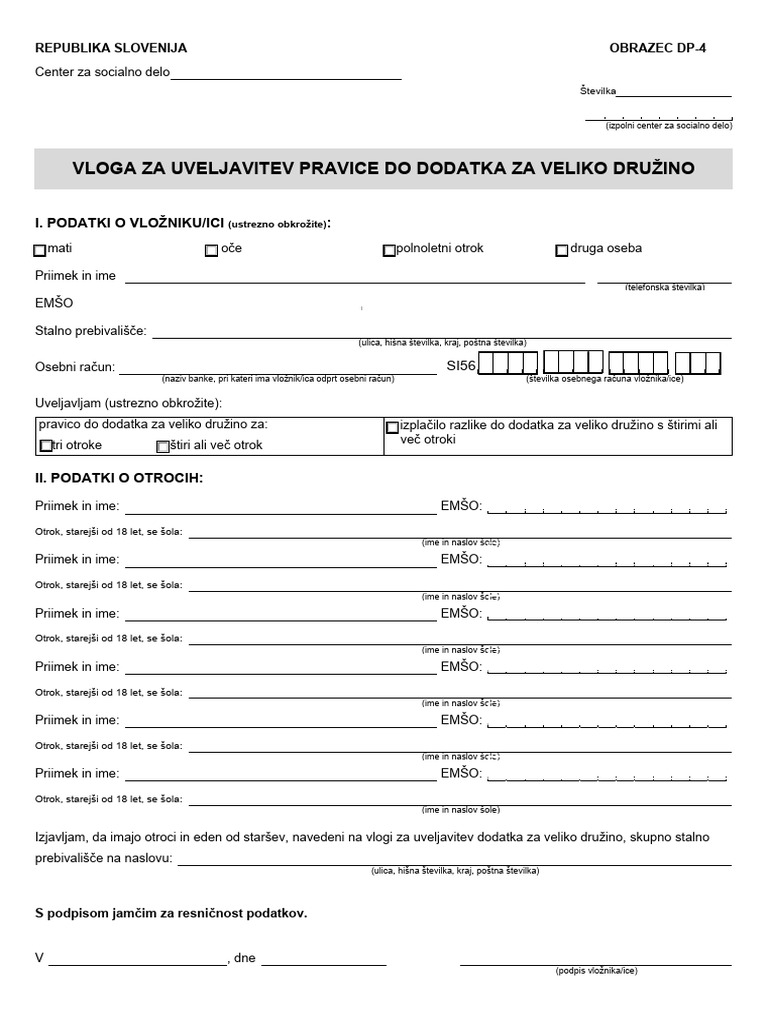 Vloga Za Uveljavitev Pravice Do Dodatka Za Veliko Druzino | PDF