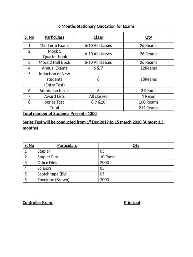 6-Month Exam Stationery Quotation | PDF