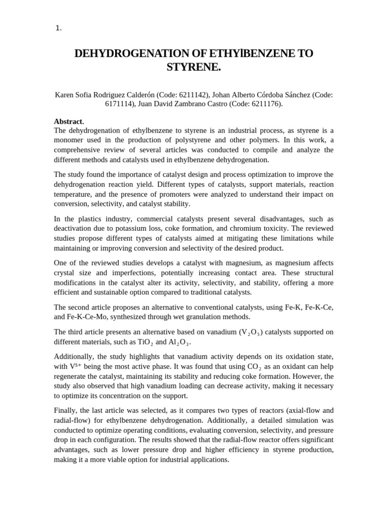 Dehydrogenation of Ethylbenzene To Styrene | PDF | Carbon Dioxide ...