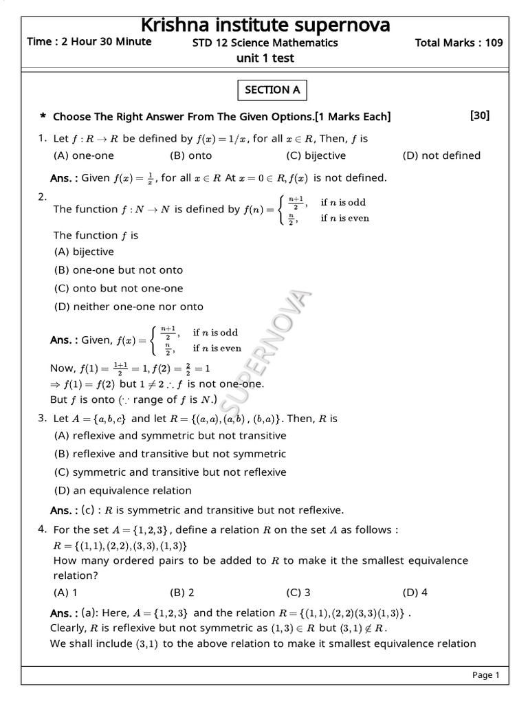 Supernova Mathematics Test for Class 12 | PDF | Mathematics ...
