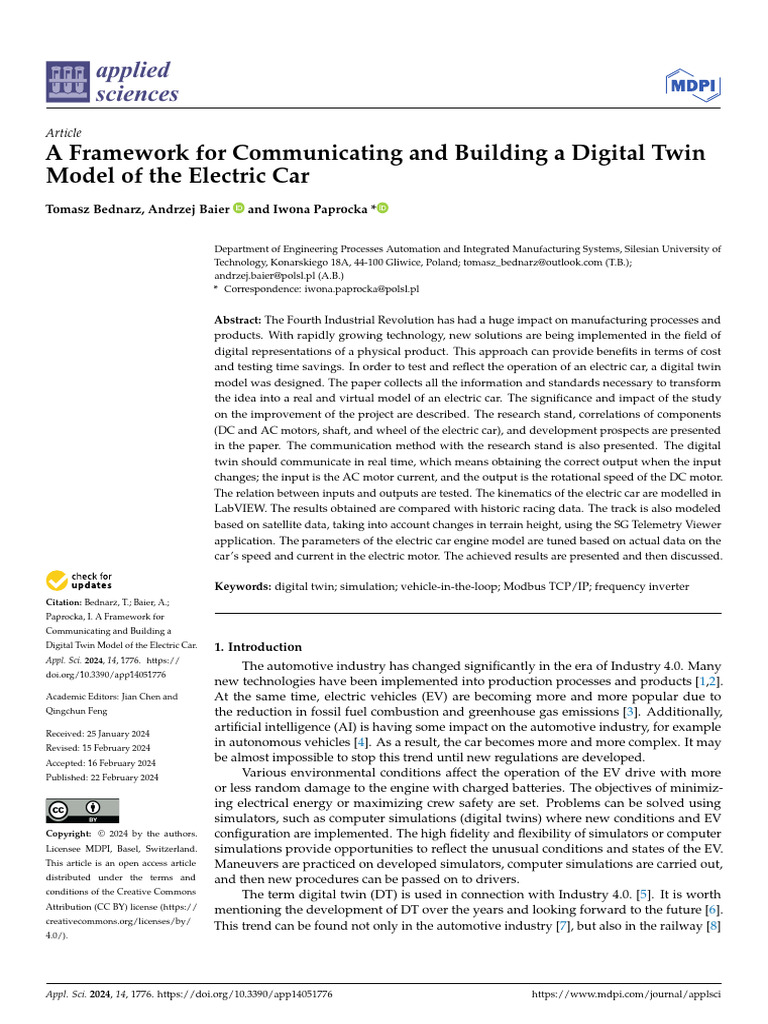 A Framework for Communicating and Building a Digital Twin model of a electric car | PDF ...