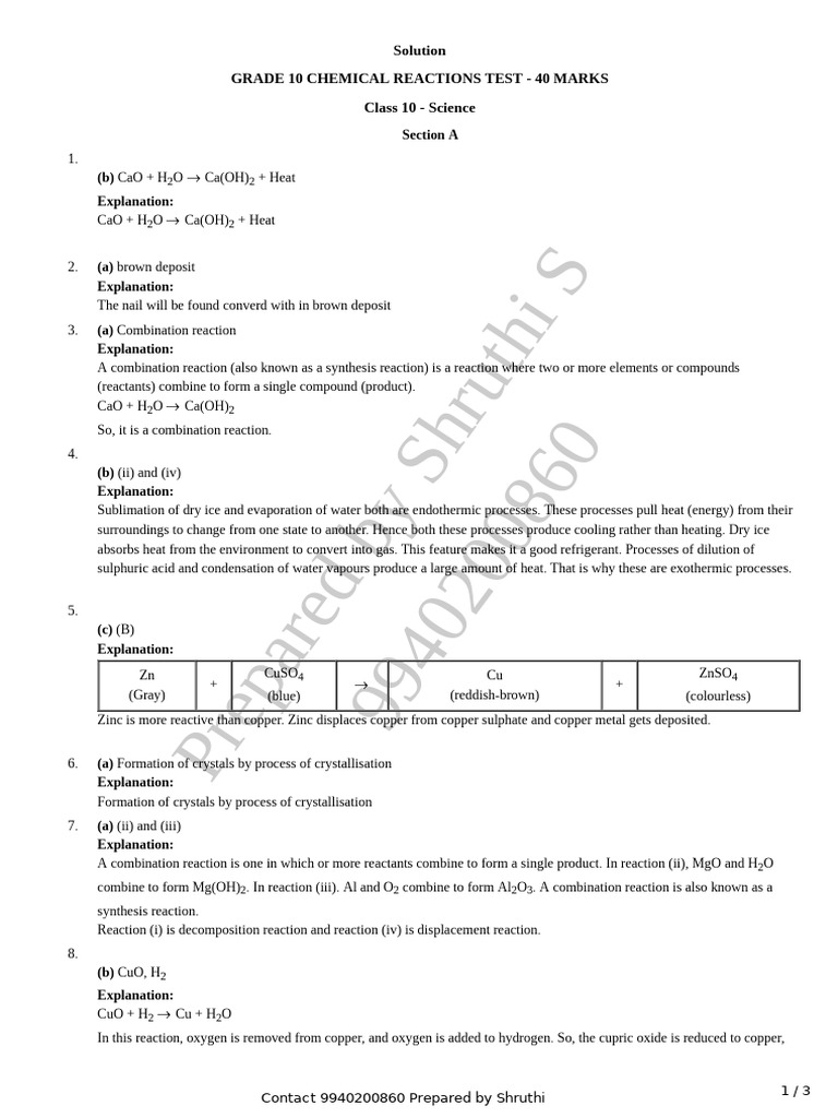 Grade 10 Chemical Reactions Test - 40 Marks Solns | PDF | Chemical ...