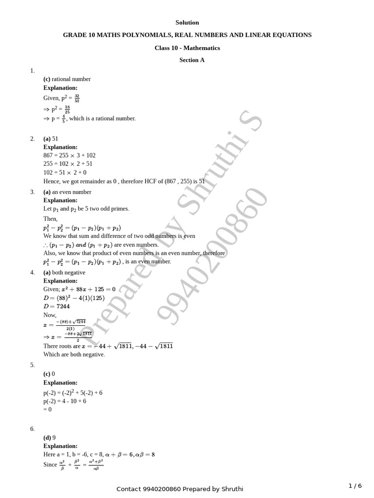 Grade 10 Maths Solutions: Polynomials & Equations | PDF | Factorization ...