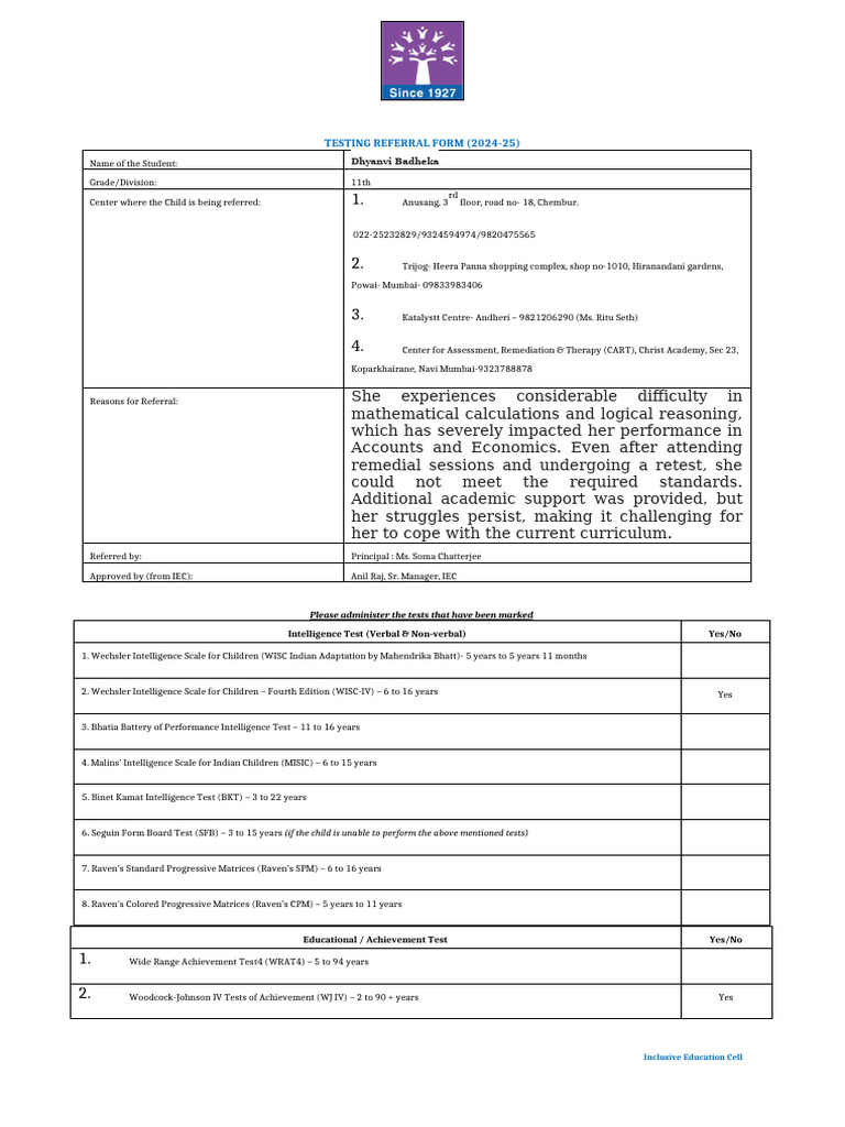 Approved Testing Referral Form_Dhyanvi Badheka | PDF | Attention ...