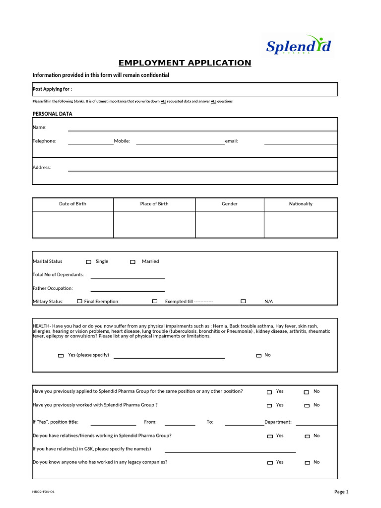 Employment Application Form Template | PDF | Diseases And Disorders ...