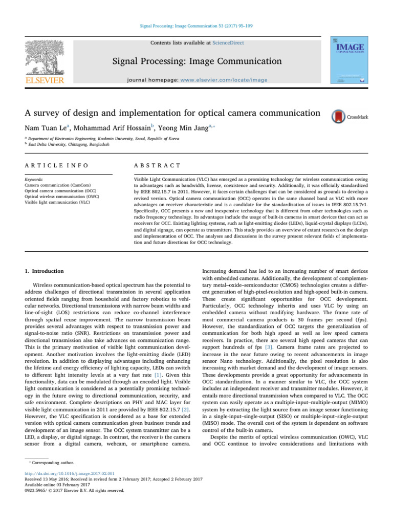 A survey of design and implementation for optical camera communication | PDF | Modulation | Camera
