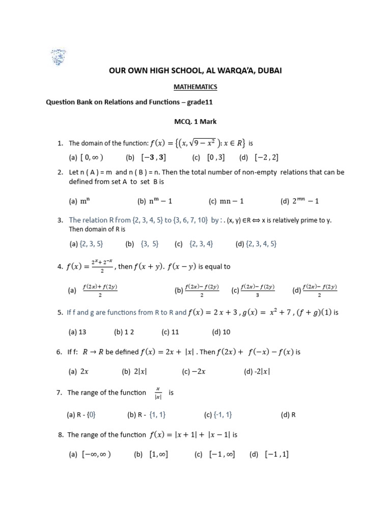 Grade 11 Math Question Bank: Relations & Functions | PDF | Function (Mathematics) | Mathematical ...