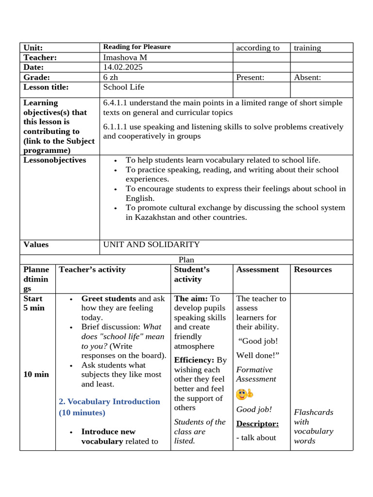 School Life: Engaging English Lesson Plan | PDF | Vocabulary | Curriculum