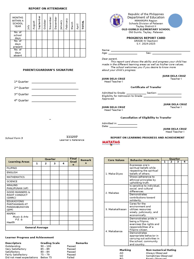 SF9 (Learner Progress Report Card) | PDF | Learning