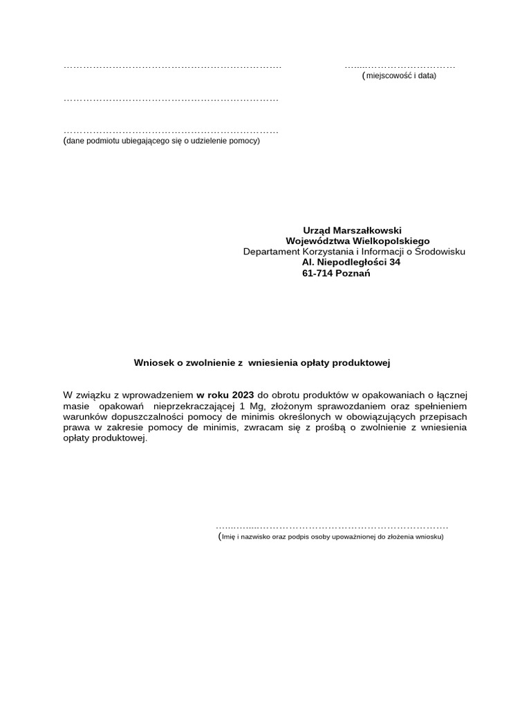 Wniosek o Zwolnienie Z Wniesienia Oplaty Produktowej | PDF