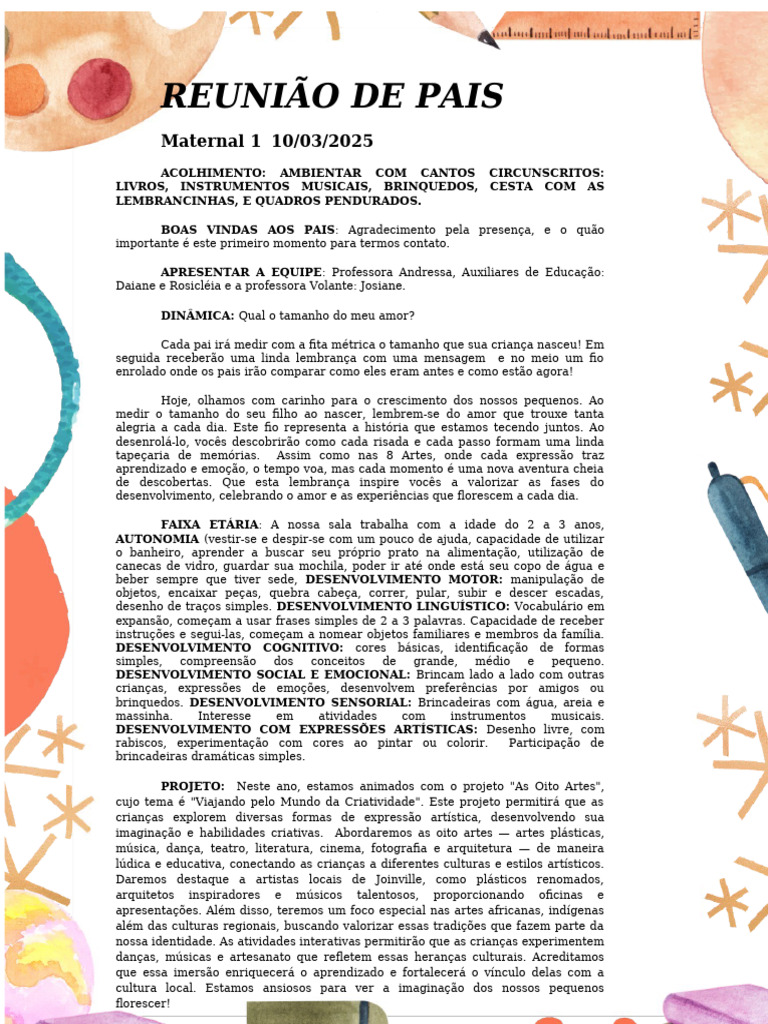 Pauta Reunião Dos Pais 2025 | PDF | Amor | Aprendizado