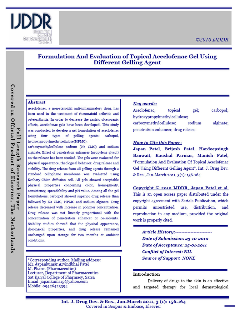 Formulation and Evaluation of Topical Aceclofenac Gel Usingdifferent ...