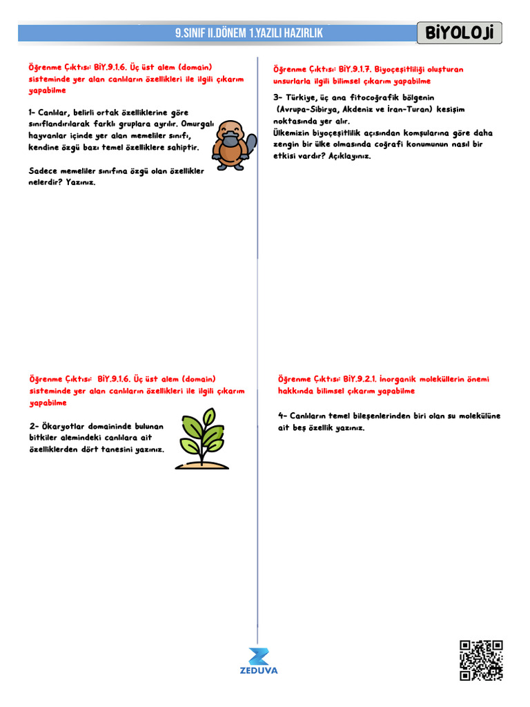 9.sinif Biyoloji 2.donem 1.yazili Sorulari | PDF