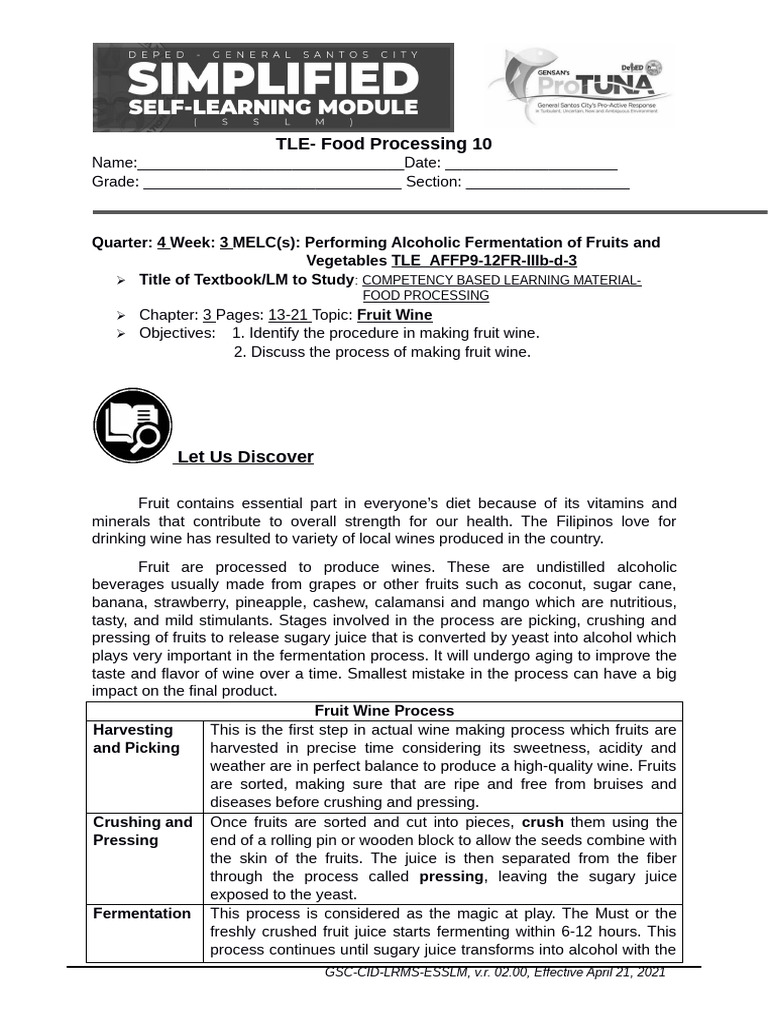 Tle SSLM Foodpro 10 Q4 W3 | PDF | Winemaking | Fermentation In Winemaking