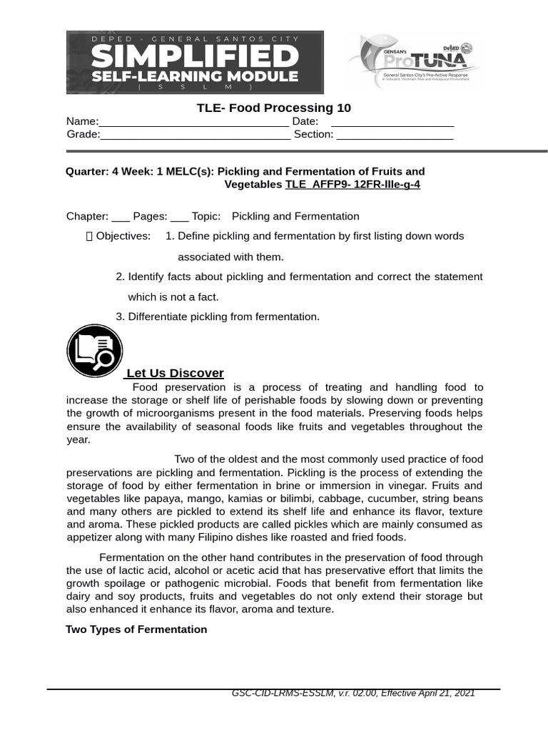 Tle SSLM Foodpro10 Q4 W1 | PDF | Pickling | Food Preservation