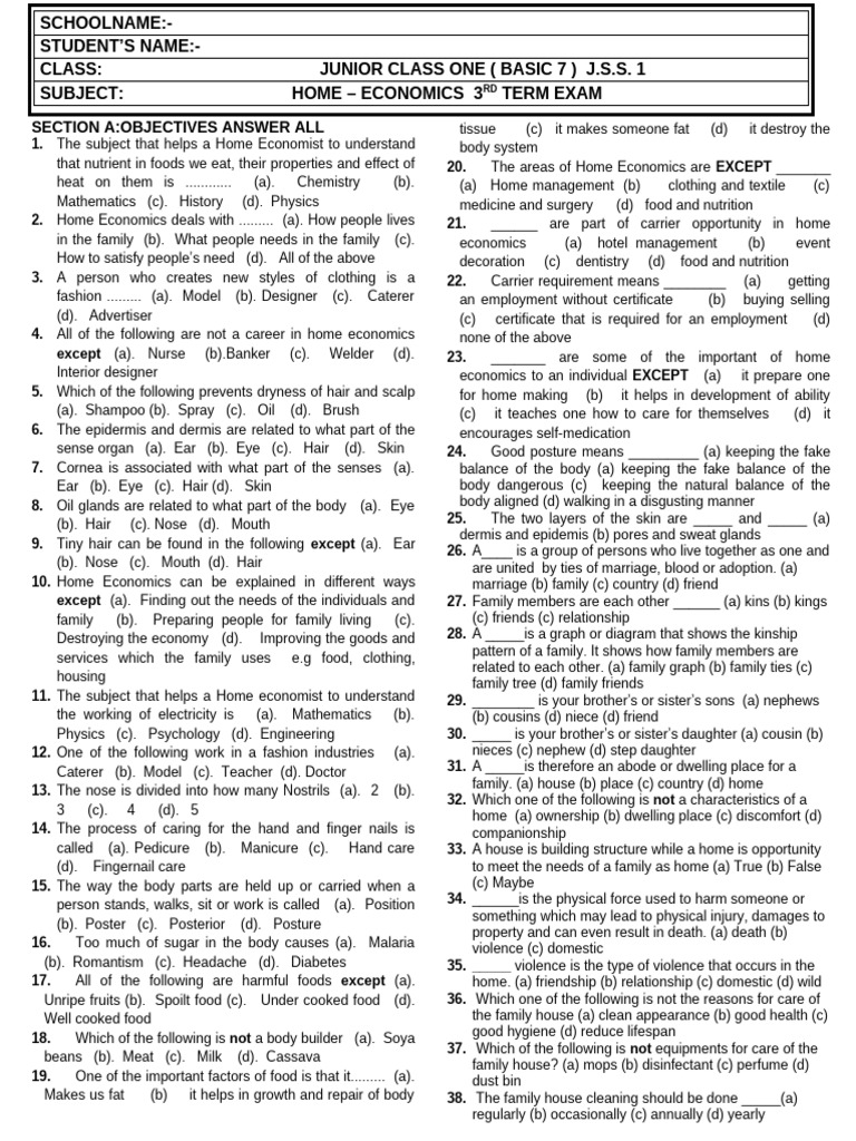 Home Econs Jss1 3rd Term Exam | PDF | Family
