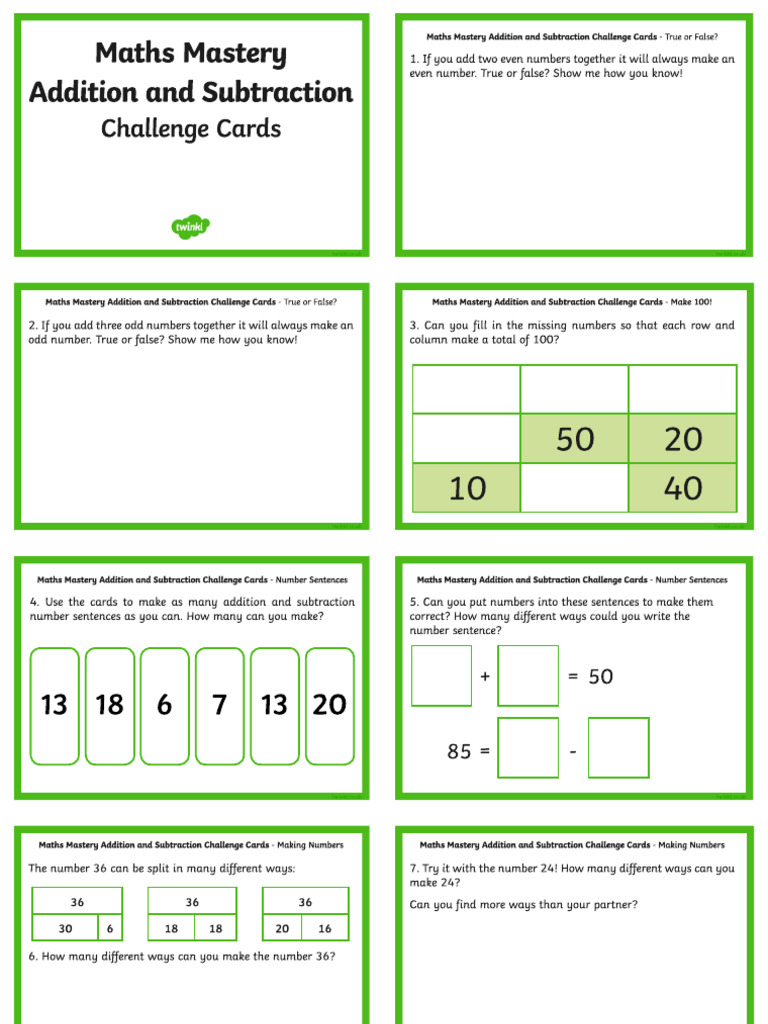 T N 5302 Year 2 Maths Mastery Add and Subtract Numbers Challenge Cards ...