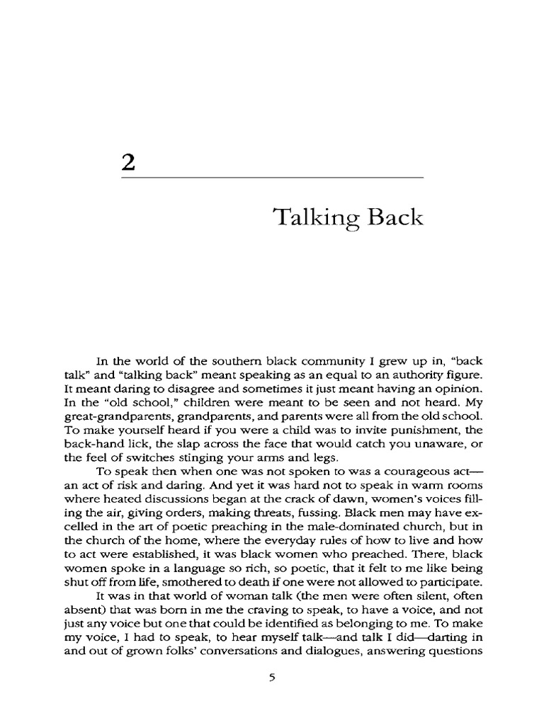 Bell Hooks - Talking Back | PDF | Silence | Fear
