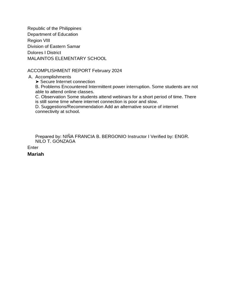 ACCOMPLISHMENT REPORT | PDF | Teachers | Internet