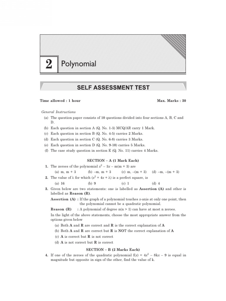 CH-2 Self Assessment Test | PDF | Polynomial | Zero Of A Function