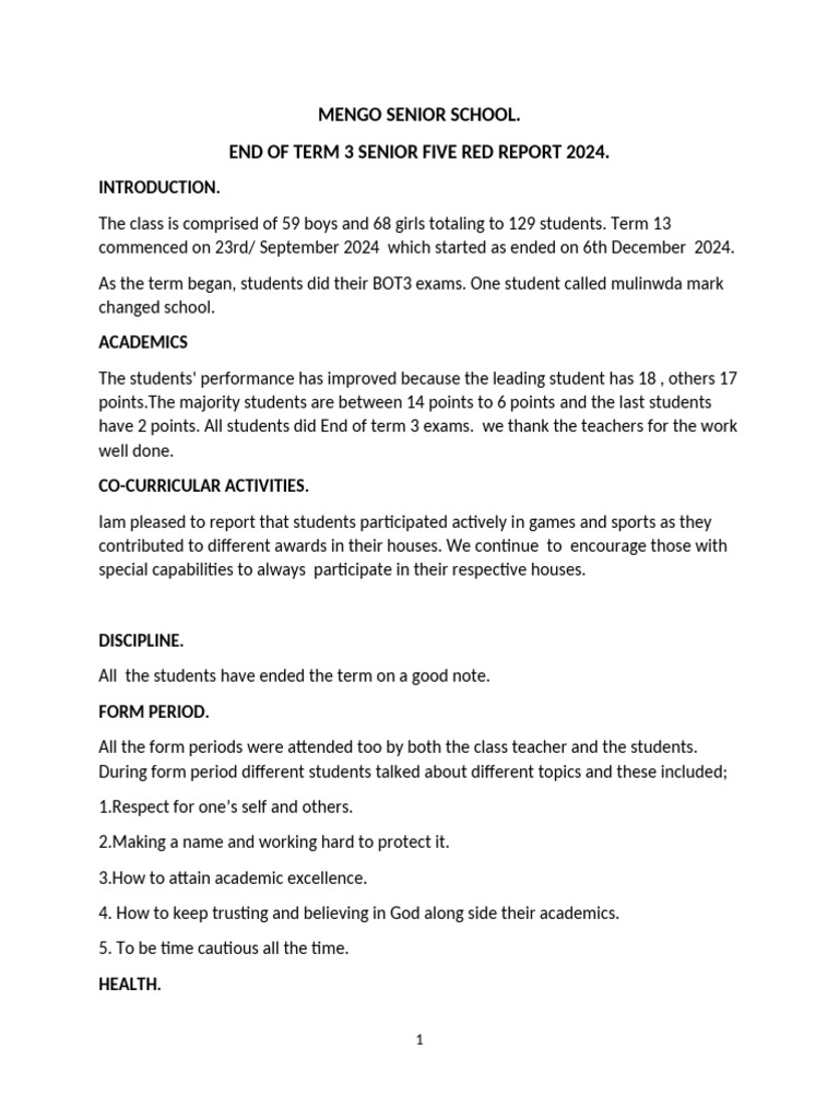 Senior Five Red Term 3 Report 2024 | PDF