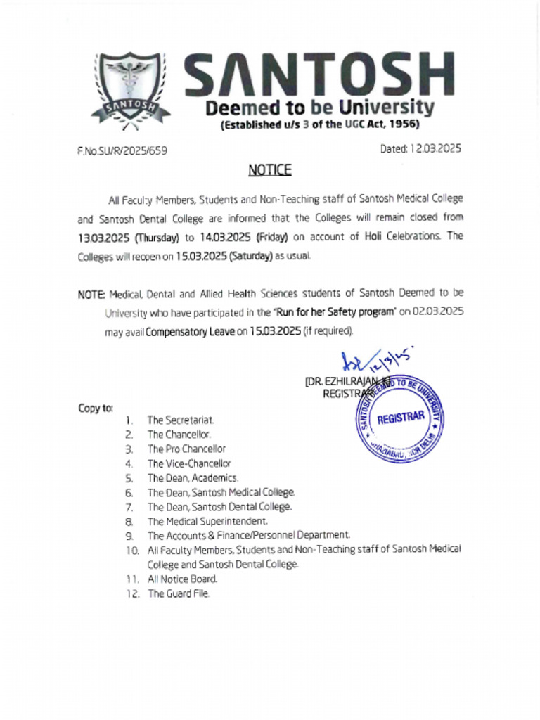Notice for Holiday on 13.03.2025 & 14.03.2025- Holi Celebrations | PDF | Health Care