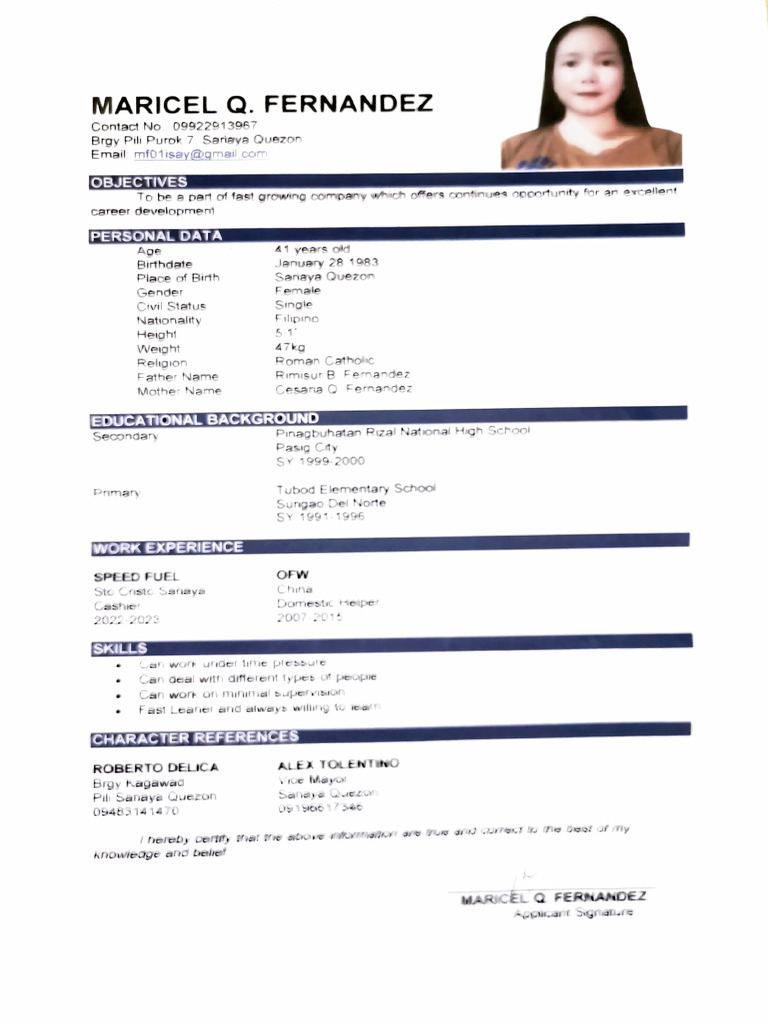 Medical and Employment Profile of Maricel Q. Fernandez | PDF | Clinical ...