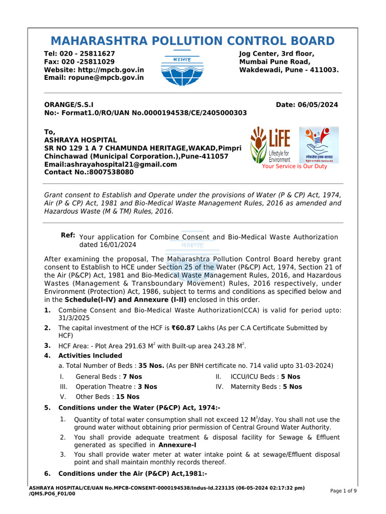 MPCB Consent for Ashraya Hospital | PDF | Effluent | Sewage