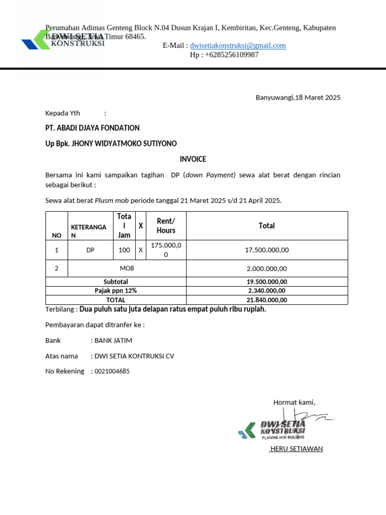 Invoice DP Alat Berat 1 | PDF