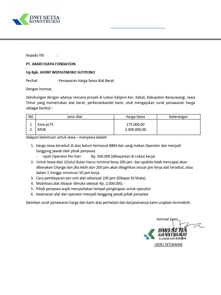 Penawaran Sewa Alat To PT. Abadi Djaya Fondation | PDF