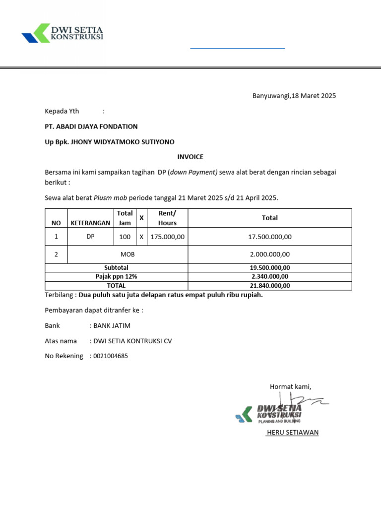 Invoice DP Alat Berat Revisi 1 | PDF
