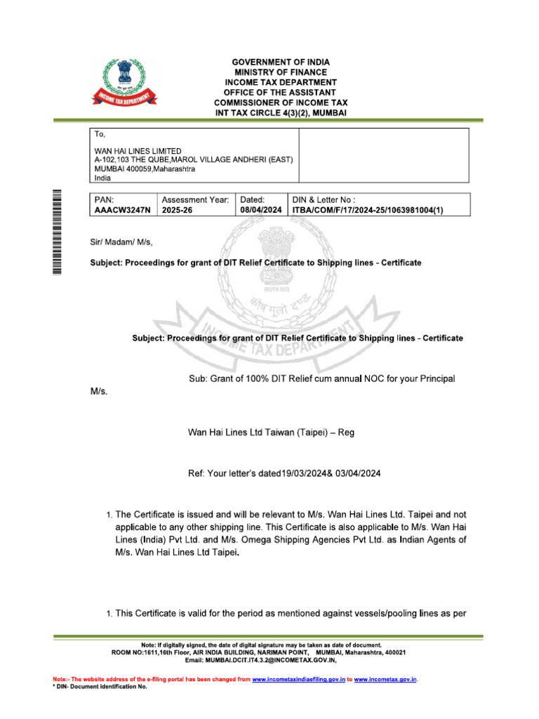 WAN HAI TDS Exemption Certificate FY 2024-25 | PDF