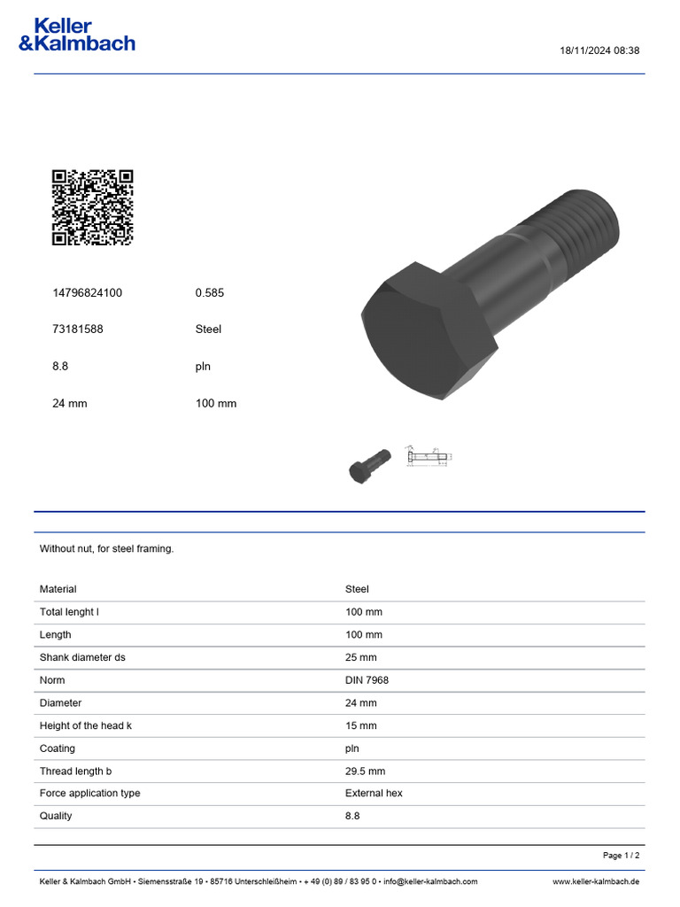 DIN 7968, Hexagon Head Fit Bolt, M 24x100, 8.8, PLN: Article Number Weight in KG | PDF | Screw ...