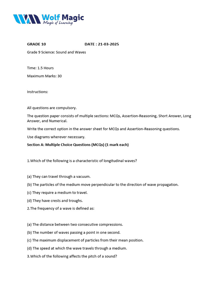 Grade 9 Sound and Waves Exam Paper | PDF | Sound | Waves