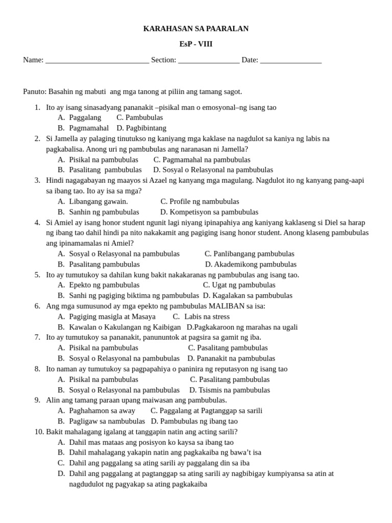 Karahasan Sa Paaralan Esp - Viii | PDF
