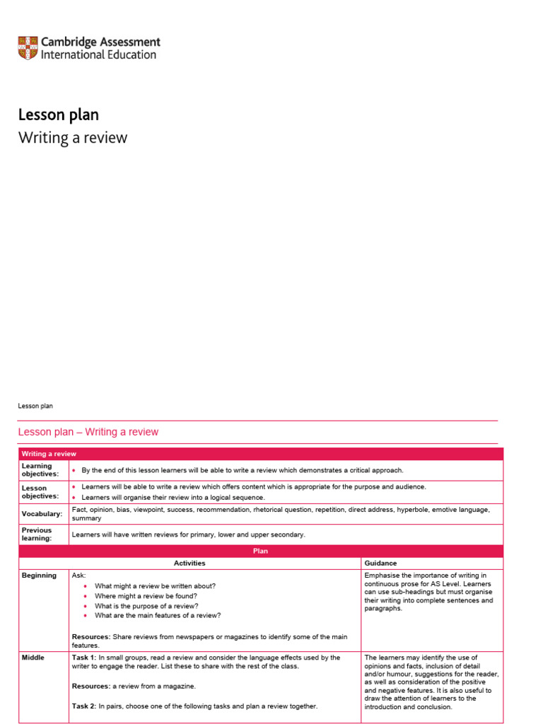 Writing a Review Lesson Plan | PDF | Lesson Plan | Learning