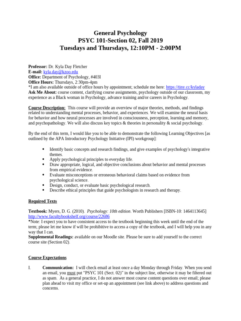 General Psychology 101 (Section 02) Syllabus- FINAL (Fall 2019) | PDF ...