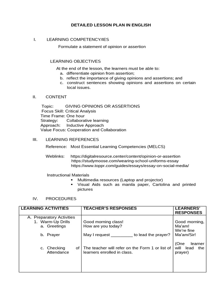LESSON-PLAN Opinions and Assertion GRADE 10 | PDF | Lesson Plan | Learning