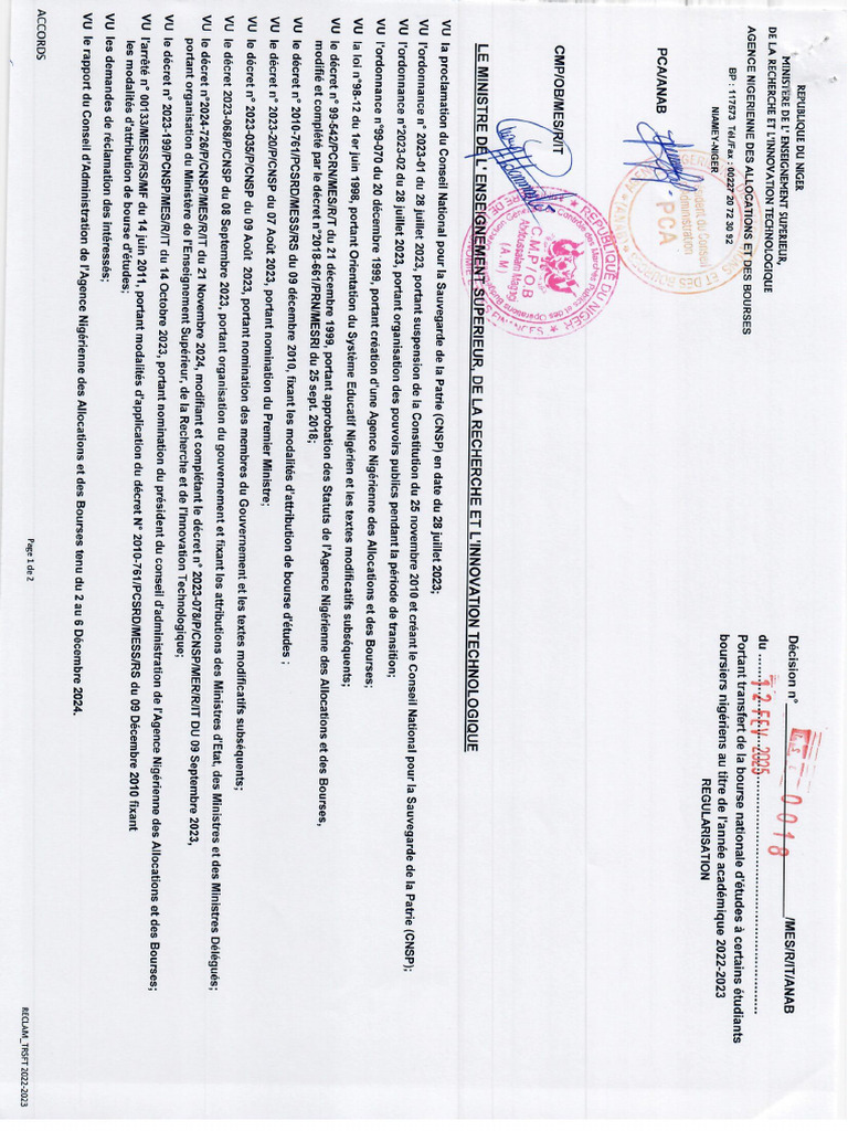 Décision N°0018-MES-RIT-ANAB Du 12 Fév. 2025 (Transfert de Bourse 2022 ...
