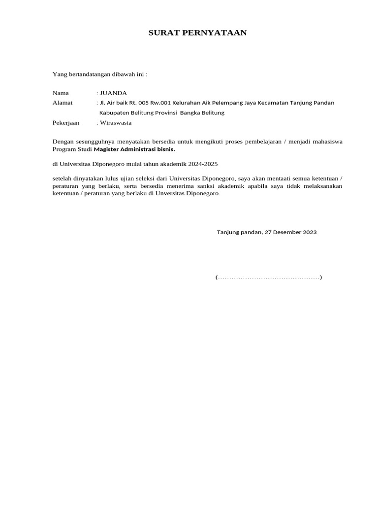 Surat Pernyataan Mahasiswa Magister UB | PDF
