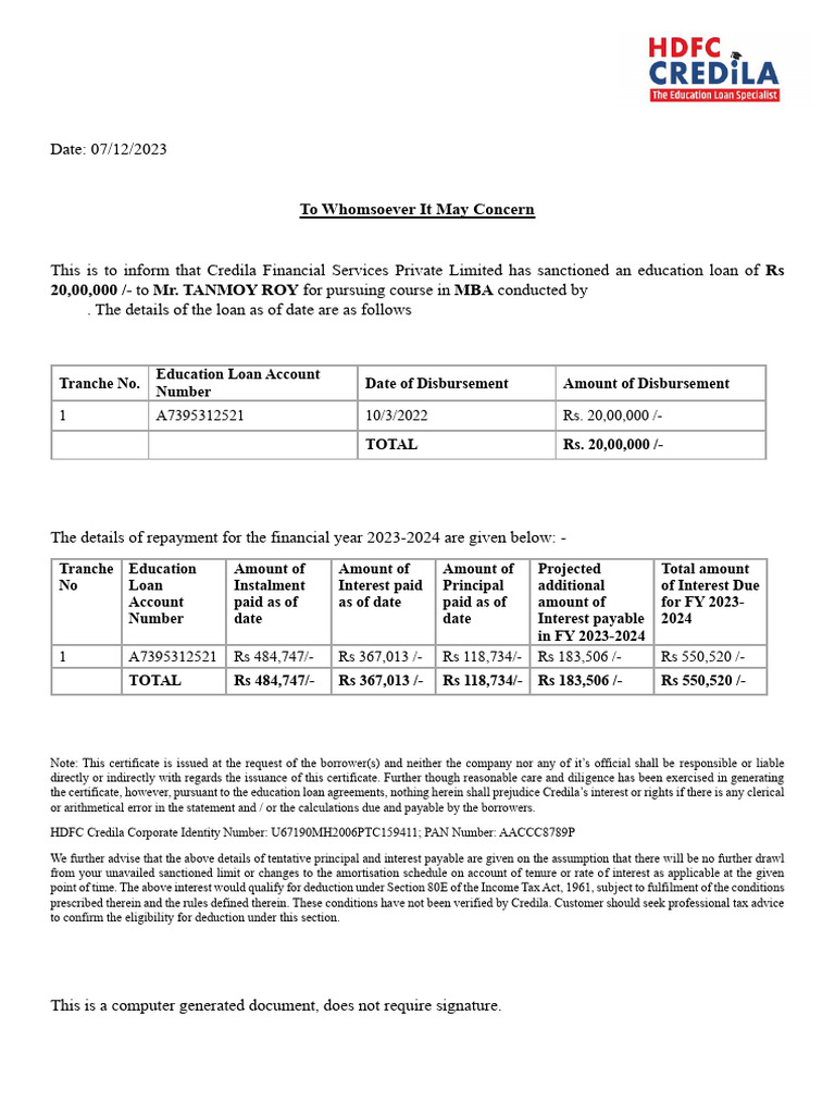 HDFC Credila - Education Loan Interest Cert. | PDF | Loans | Student Loan