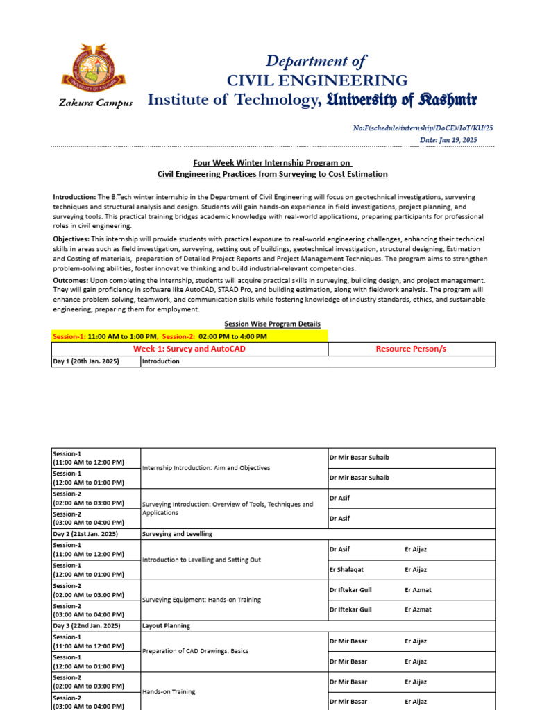 Winter Internship - Sessionwise Schedule | PDF | Engineering