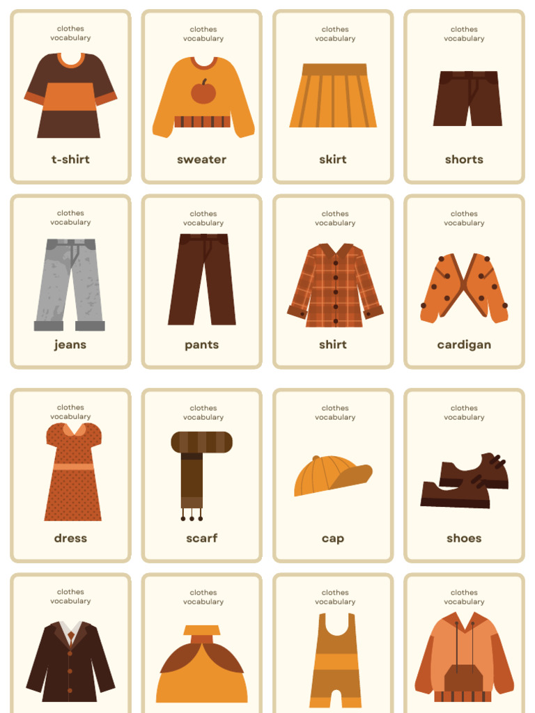 Clothes Vocabulary Flashcards in Yellow and Brown Cartoon Style | PDF