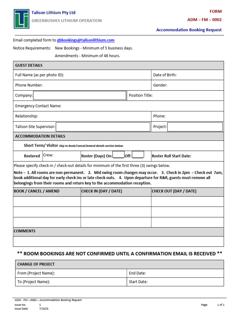 Accommodation Booking Request Form | PDF