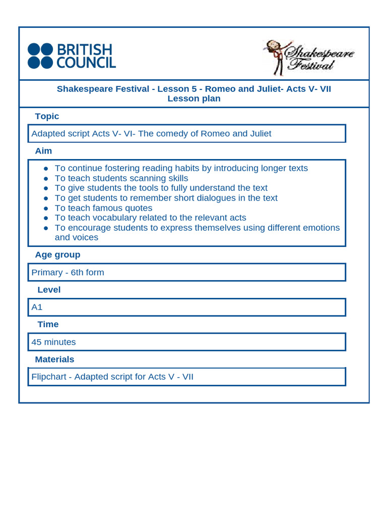 Lesson 5 - Romeo and Juliet - Lesson Plan | PDF | Linguistics | Learning